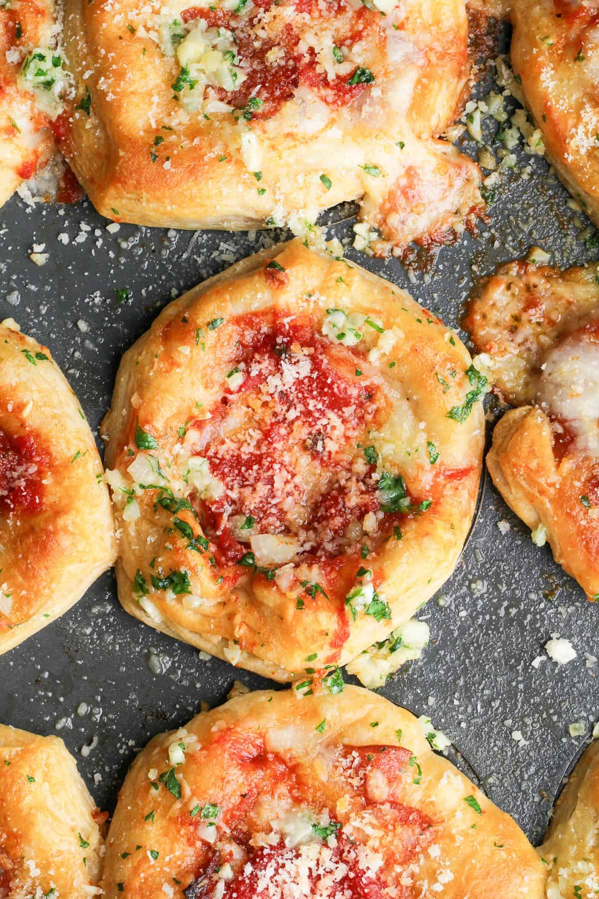 Garlic Parmesan Mini Deep Dish Pizzas - Bad Batch Baking
