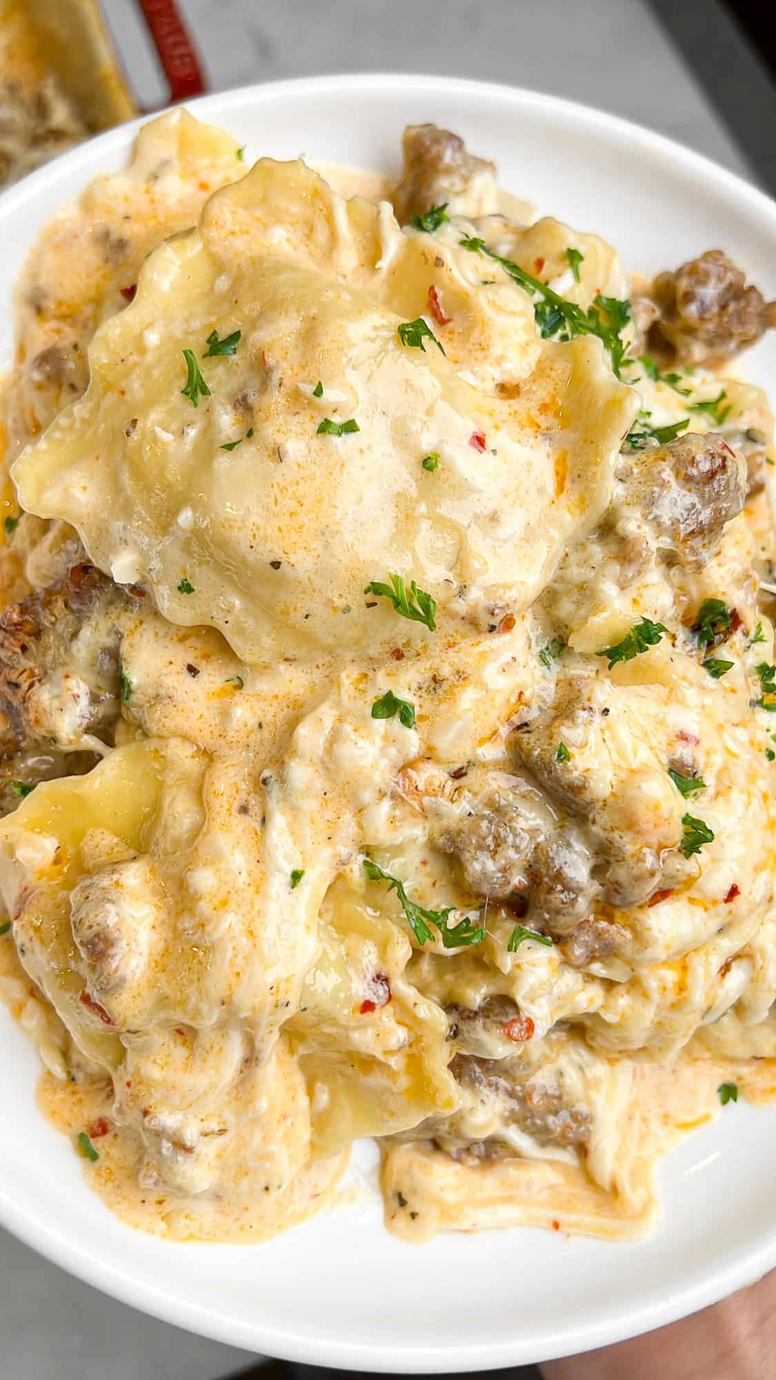 Sausage Alfredo Ravioli Lasagna - Bad Batch Baking