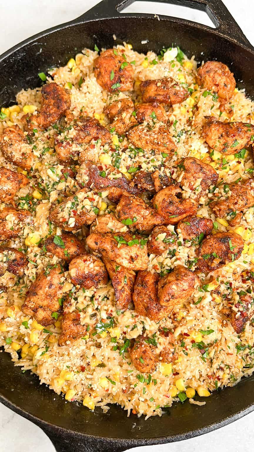One-Pot Garlic Parmesan Chicken, Rice & Corn Skillet - Bad Batch Baking