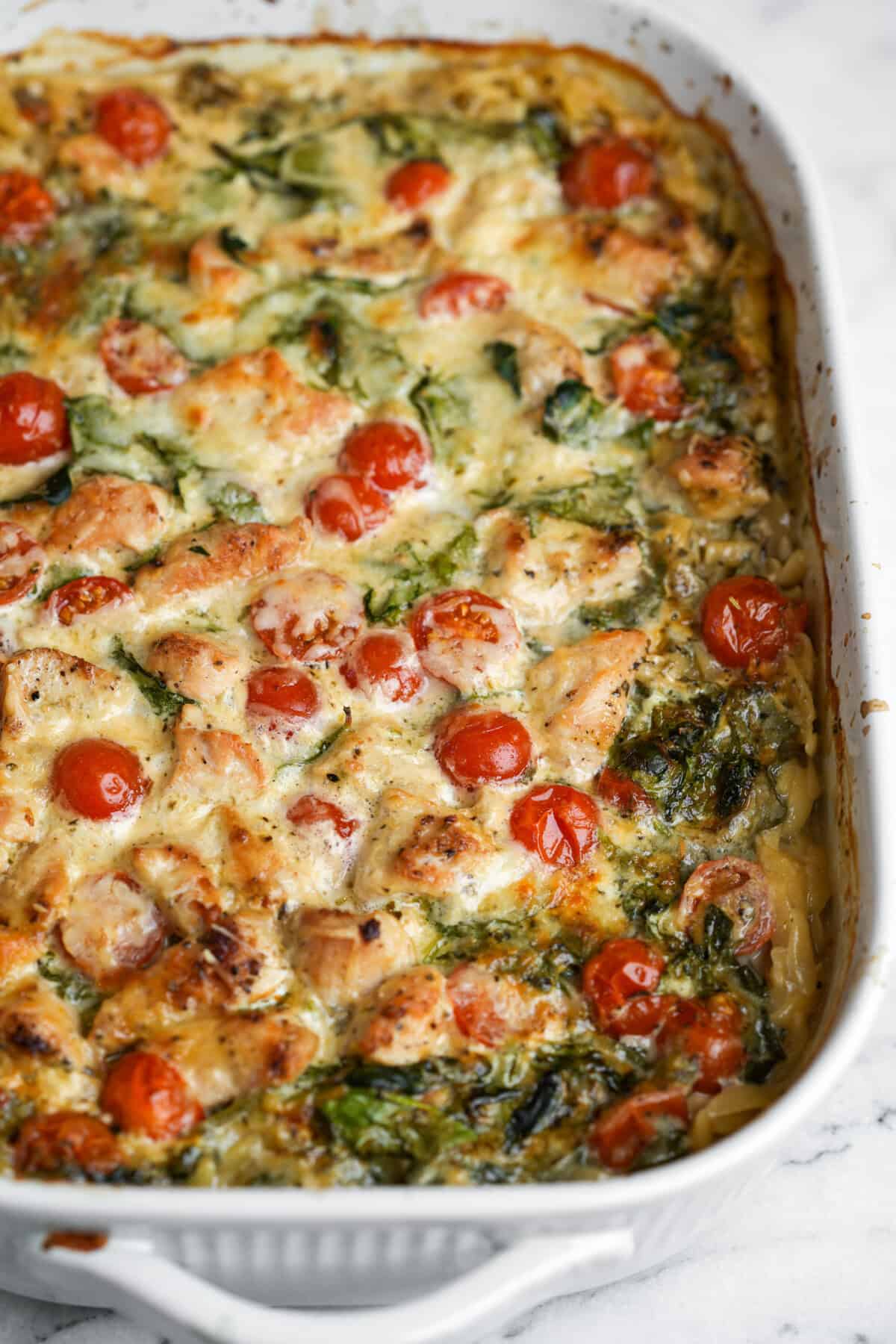 One-Pan Orzo Tuscan Chicken Bake - Bad Batch Baking